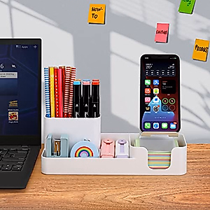 LETURE Pen Holder for Desk, Desktop Organizer with Mobile phone holder/Pencil Holders/Sticky Note Tray/Paperclip Storage and Office Stationery Accessories Caddy for Office Home School (White)