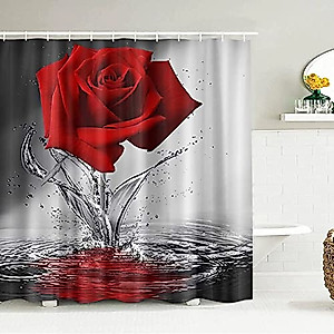 XVWJ 4PCS Water Red Rose Bathroom Shower Curtain Sets, Bathroom Sets with Shower Curtain and Rugs, Toilet Lid Cover Bath Mat, Waterproof Fabric Floral Shower Curtains with Bath Mat Sets