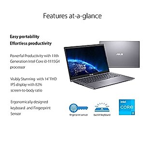 ASUS VivoBook 14 Laptop Computer, 14" IPS FHD Display, Intel Core i3-1115G4 Processor, 4GB DDR4, 128GB PCIe SSD, Fingerprint Reader, Windows 11 Home in S Mode, Slate Grey, F415EA-AS31