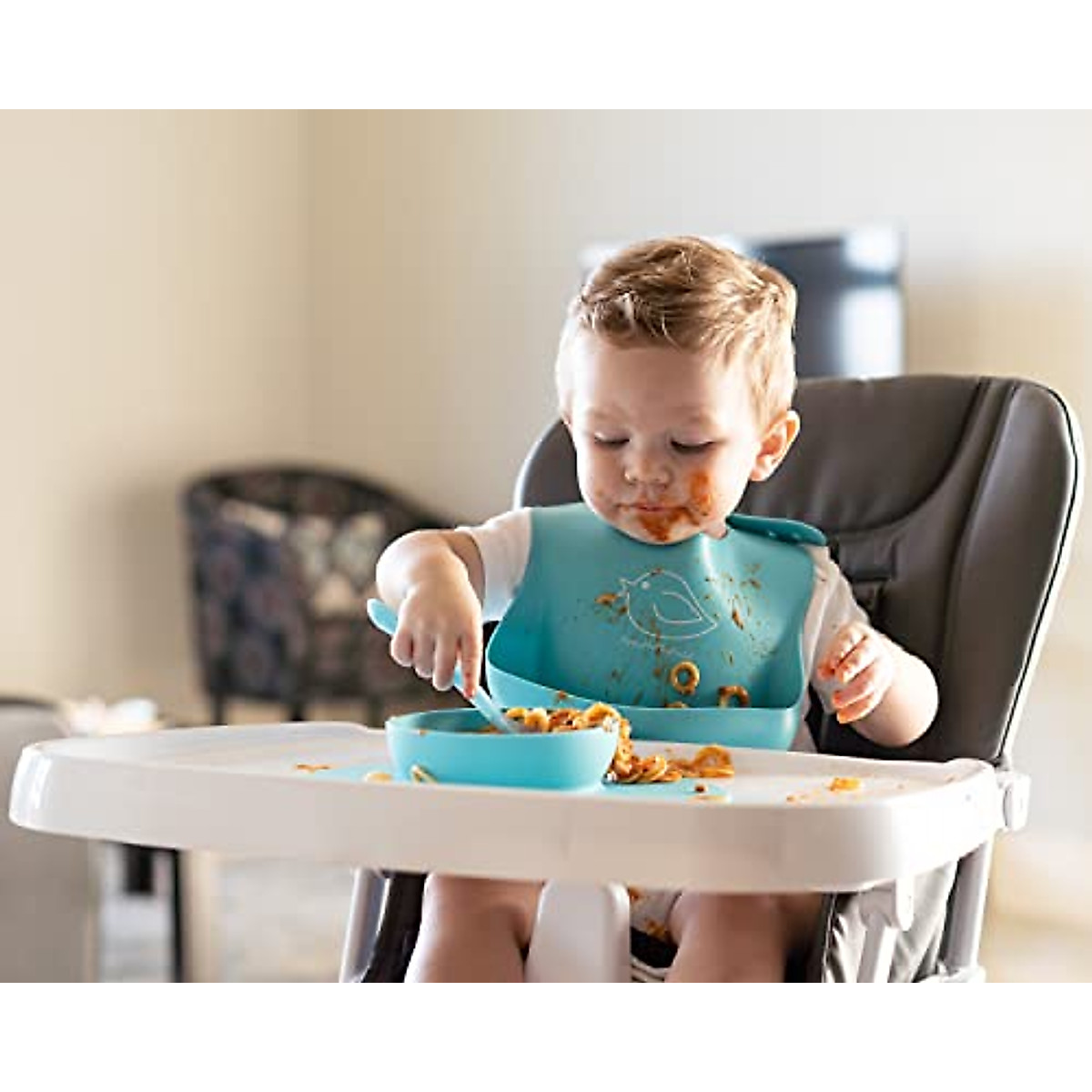 Silicone Bowl and Silicone Plate Easily Wipe Clean! Self Feeding Set Reduces Spills! Spend Less Time Cleaning after Meals with a Baby or Toddler! Set Includes 2 Colors (Lime Green / Turquoise)