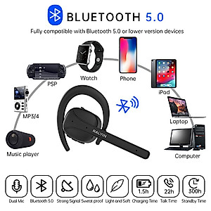 Ralyin Bluetooth Earpiece, Bluetooth Headphones with Daul Mic Noise Cancellation, 24 Hrs Driving Headset 60 Days Standby Time for Running Cycling Workout