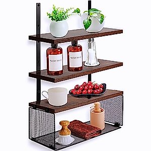 GIOTORENT Floating Shelves Wall Mounted Set of 3, Wood Bathroom Shelves Over Toilet with Paper Storage Basket,Wood Wall Shelves for Wall Decor, Bathroom, Bedroom, Living Room,Rustic Brown