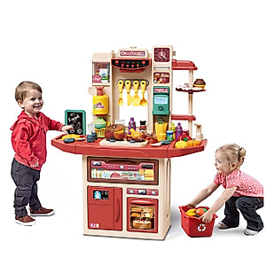 BeiBeGood Play Kitchen- Kitchen Playset Pretend Food - Toy Accessories Set w/Noodle Machine, Ice Machine, Cooking Stove with Steam, 88 PCS for Toddlers Kids 43 inch, Girls & Boys-Pink（3-5 Years）, Red