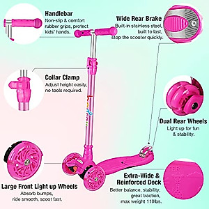 BELEEV Scooters for Kids 3 Wheel Kick Scooter for Toddlers Girls Boys, 4 Adjustable Height, Lean to Steer, Light up Wheels, Extra-Wide Deck, Easy to Assemble for Children Ages 3-12 (Rose Pink)