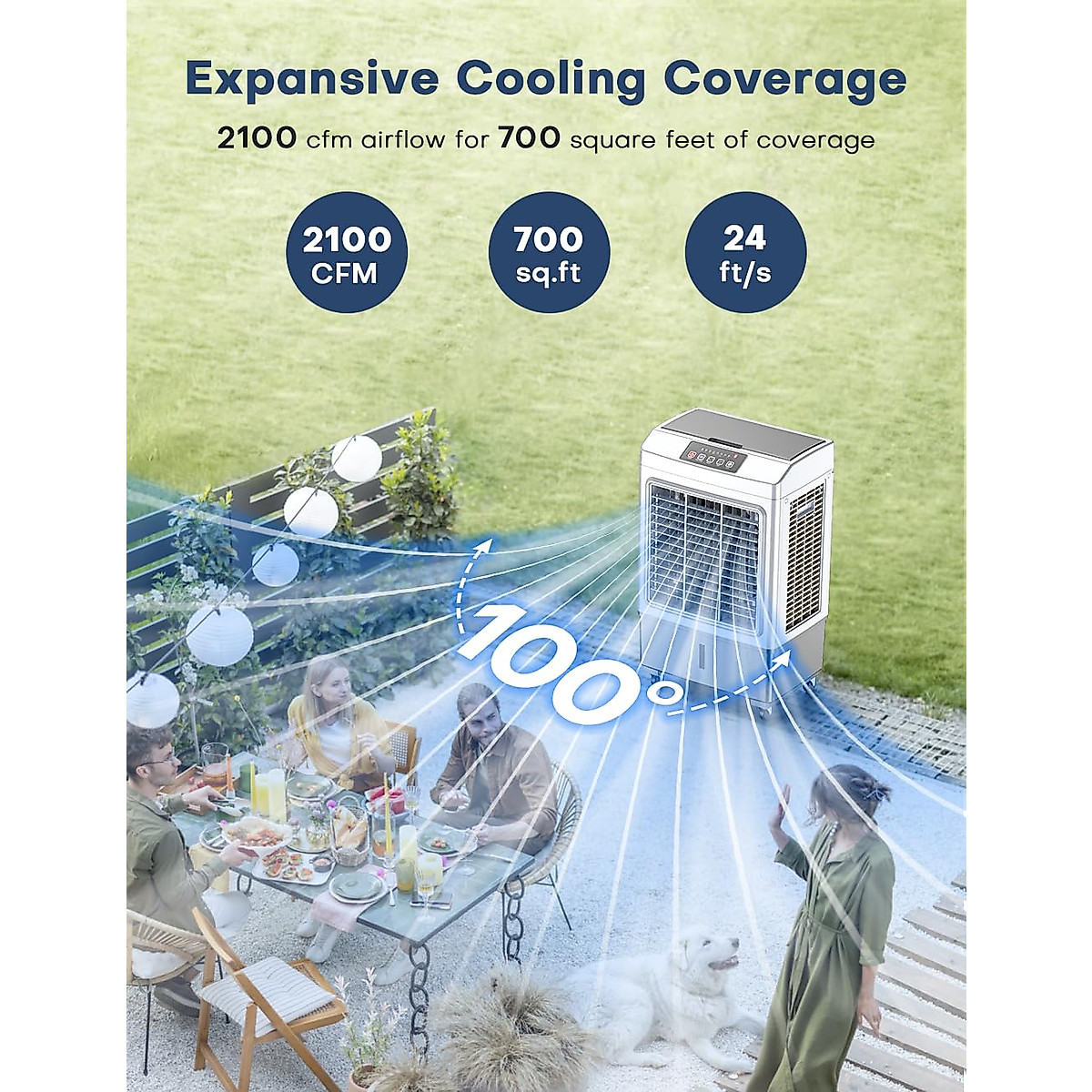 BALKO Windowless Air Conditioner, 35-INCH Swamp Cooler Air Conditioner w/2 Modes & 3 Speeds, 2100CFM, 700Sq.ft, Smart Timer for Auto off, 8Gal Tank & Remote, Wider Oscillation Evaporative Air Cooler