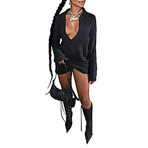 LYANER Women's Sexy Collar V Neck Wrap Hem Long Sleeve Club Party Bodycon Mini Dress Black Small