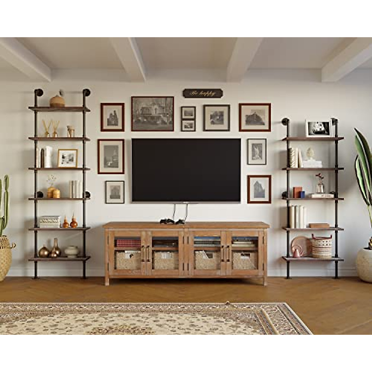 Yuanshikj 5 Tier Industrial Pipe Solid Wood Ladder Shelf/Shevles/Shelving Bookshelf/Bookcase Retro Metal Iron Pipes Wood Planks Rustic Display Wall Mounted for Collection Living Room Decor Storage