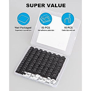 60 PCS Adhesive Cable Clips, Upgraded Wall Wire Clips for Cable Management, Strong Cord Clips Wire Holders for The Wall, Under Desk, Christmas Lights, Car, Dash Cam, Ethernet, Electric Wires Small