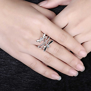 18K Rose Gold Platinum Plated Ring Black AAA Zirconia Women Dragonfly B164 (Platinum Plated, 7)