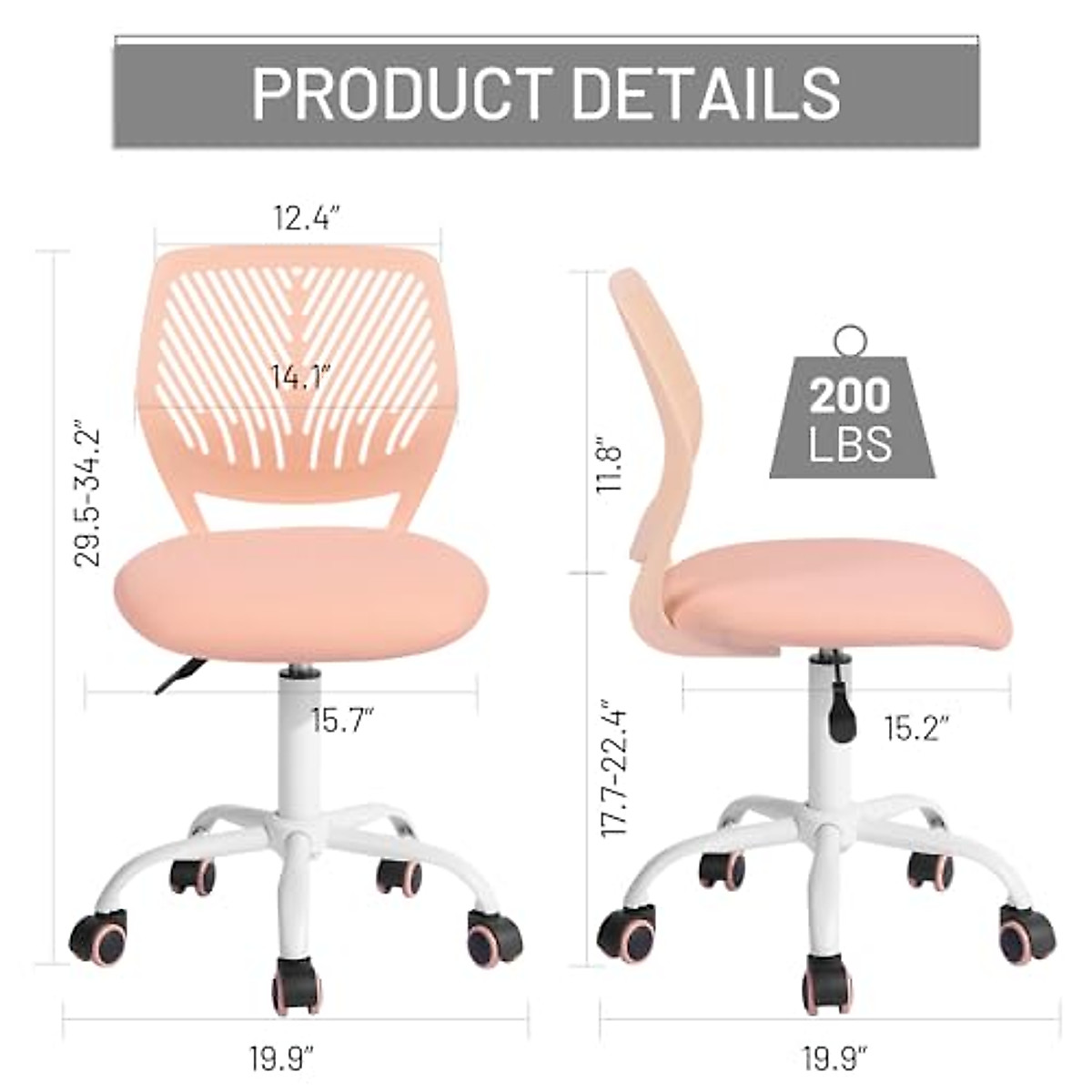 FurnitureR Desk Chair Small Study Chairs Armless for Child Kids Teens, Swivel Rolling Lightweight Task Chair with Wheels and Mesh Padded Cushion, Orange Rose