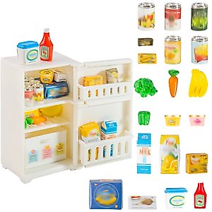 Hiawbon 21 Pcs Mini House Miniature Refrigerator with Mini Food Set Mini Kitchen Furniture Fridge Decorations Miniature Food with Juice Milk Ice Creams Vegetables