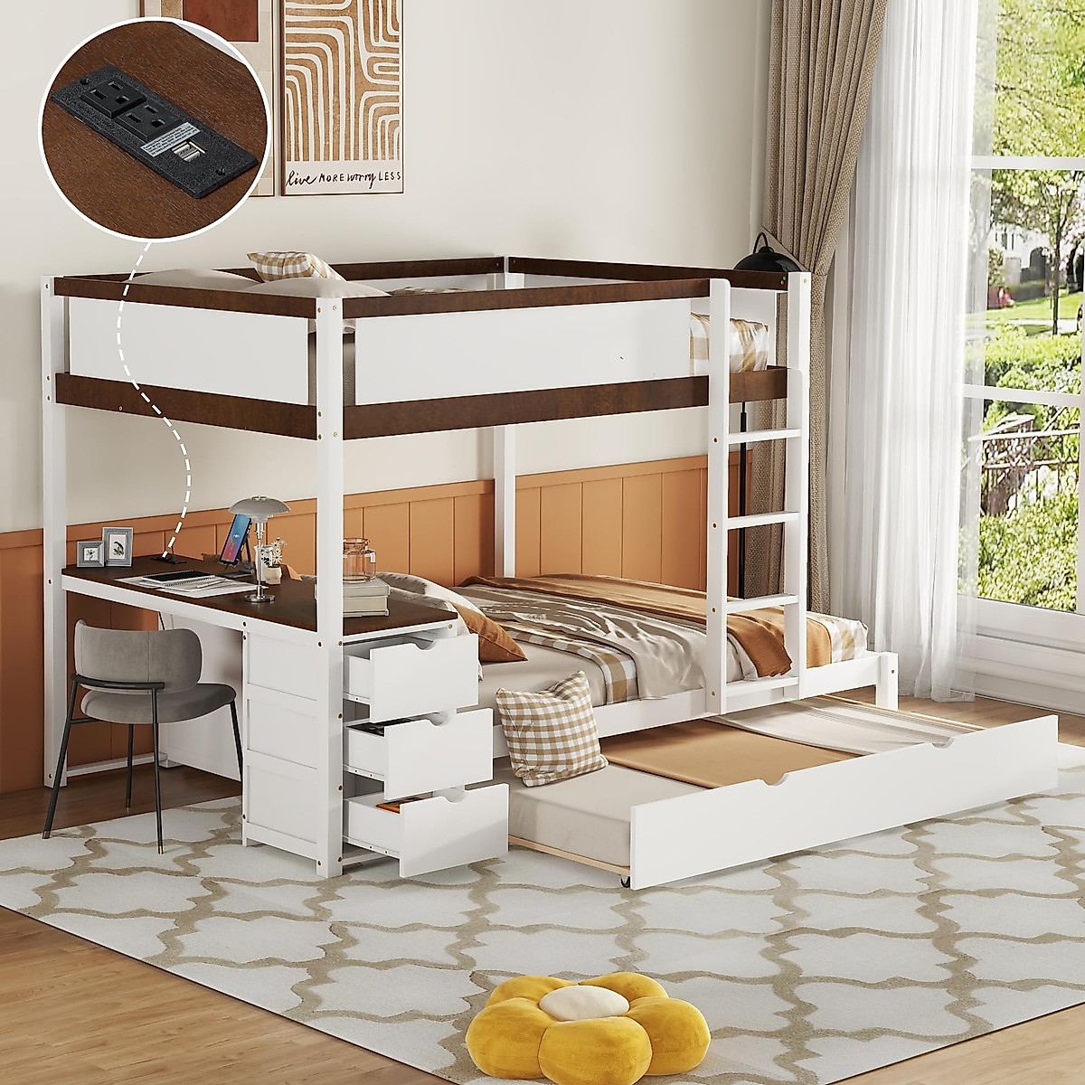 Harper & Bright Designs Full Over Full Bunk Bed Twin Size Trundle, Wood Full Bunk Bed with USB Ports, Storage and Desk, White+Walnut