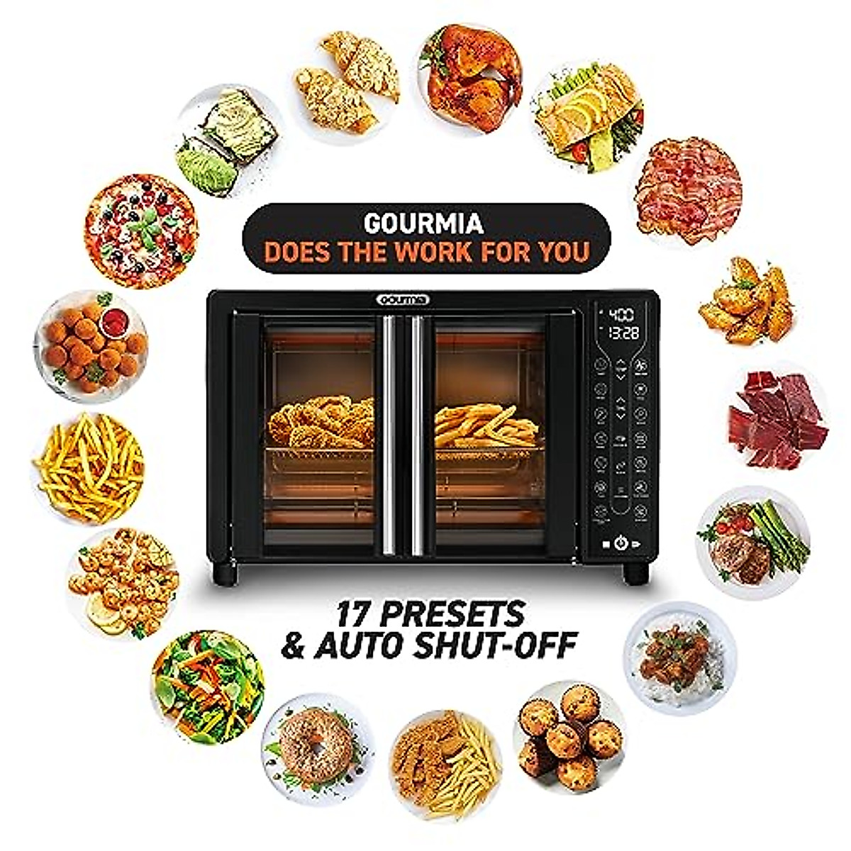 Gourmia Toaster Oven Air Fryer Combo 17 cooking presets 1700W french door digital air fryer oven 24L capacity air fryer accessories, convection toaster oven rack, baking pan, tray recipe book GTF7460