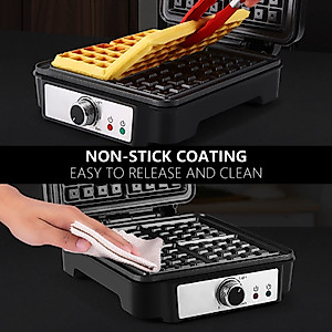 MONXOOK Belgian Waffle Maker, 4-Slice Non-Stick Square Waffle Maker, Anti-Overflow Waffle Iron with Browning Knob, Indicator Lights, Compact Design, Recipes Included, 1200W, Silver/Black