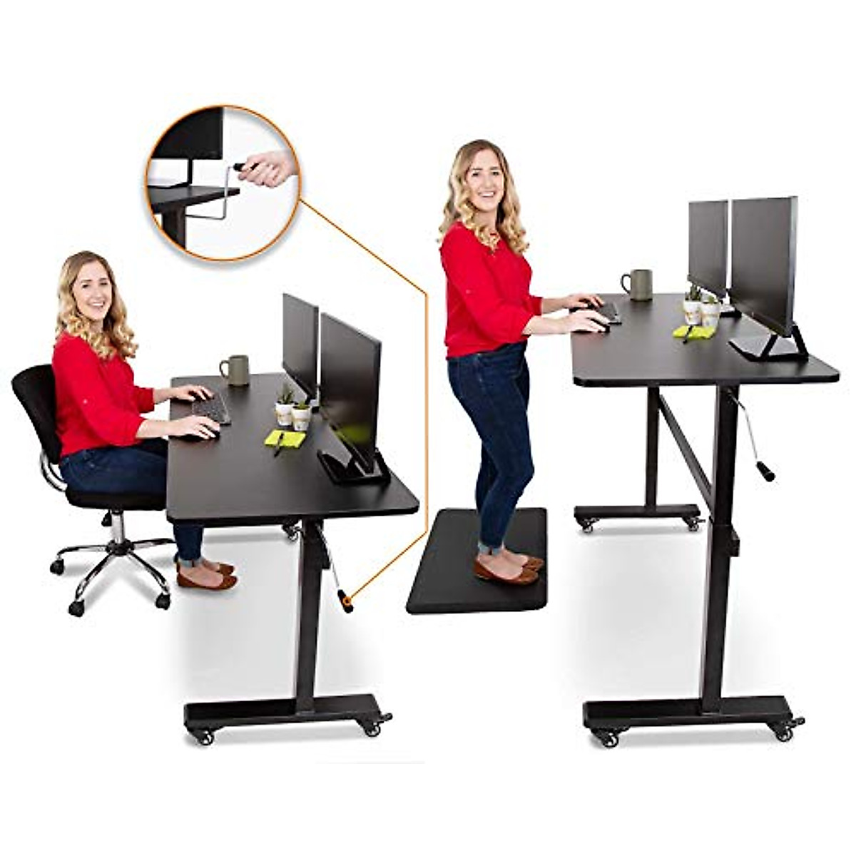 Stand Steady Tranzendesk | 55 Inch Standing Desk with Attachable Wheels| Easy Crank Height Adjustable Sit to Stand Workstation | Modern Ergonomic Desk Supports 3 Monitors (55 / Black)