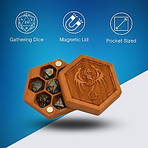 Elderwood Academy Keychain Hex Dice Wood Chest with Magnetic Lid - Perfect for DnD, Magic the Gathering Dice Counters and Any Other Tabletop Games (Mini-Cherry/Dragon)