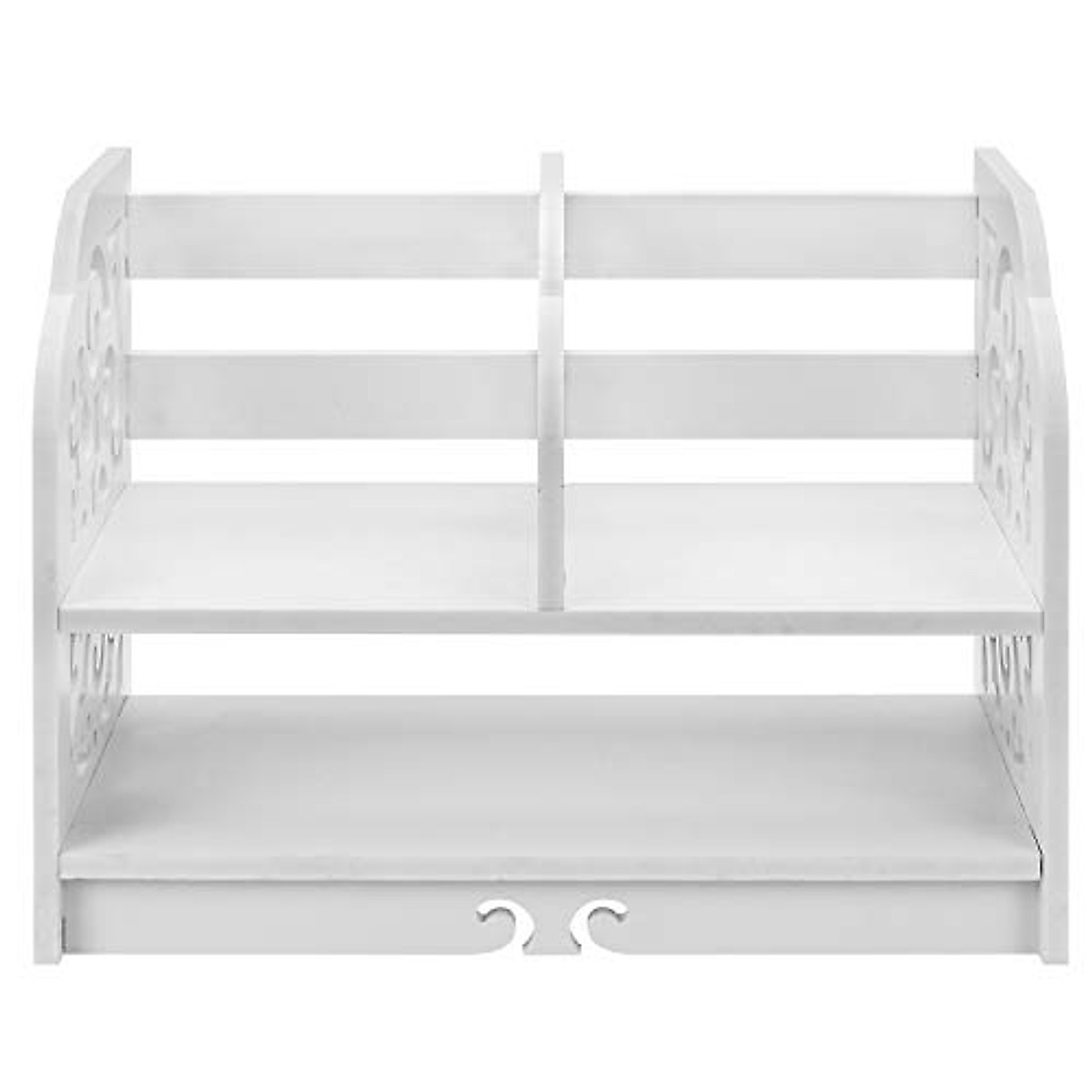 MyGift 2-Tier White Openwork Design Desktop Book and Stationary Organizer Rack, Countertop Bookcase Shelf
