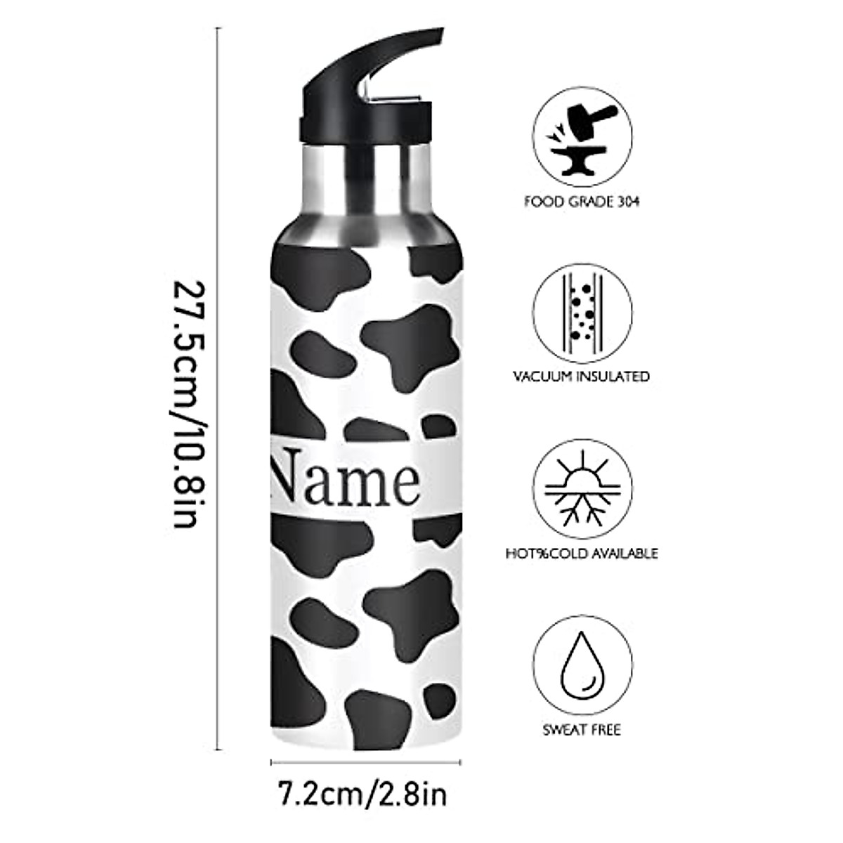 Custom Water Bottle Black and White Cow Print Stainless Steel Vacuum with Name Personalized Name Insulated Sport Bottle with Wide Handle