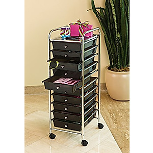 Seville Classics Rolling Utility Organizer Storage Cart for Home Office, School, Classroom, Scrapbook, Hobby, Craft, 10 Drawer, Black
