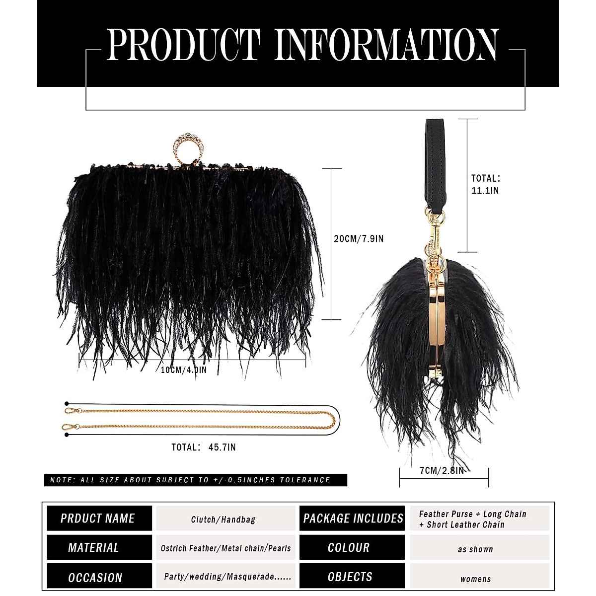 Zakia Real Natural Ostrich Feather Evening Clutch Shoulder Bag Party Bag (A-Black)