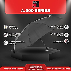 Knirps A.200 Medium Duomatic Automatic Open Close Rain Umbrella - Compact Windproof Umbrella for Rain - Durable Travel Umbrella for Adults - 97cm Diameter Retractable Umbrella & Carrying Case, Grey