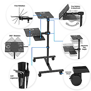 Aldeepo Swivel Tilt Laptop Desk, Height Adjustable Portable and Rolling Desk with Both Foot Pads and Wheels, Mobile Computer Cart with Mouse Pad for Home, Office,Workshops(Double Trays)