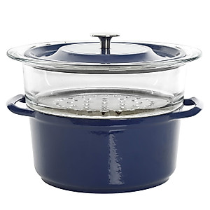 Kenmore Oak Park Cast Iron Dutch Oven with Lid and Steamer, 5-Quart, Blue