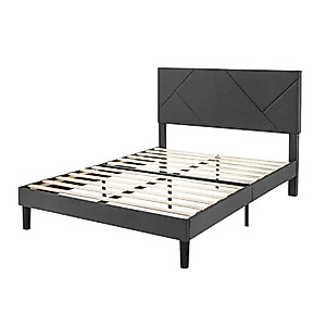 Allewie Queen Size Upholstered Bed Frame with Geometric Headboard, Heavy-Duty Platform Bed, No Box Spring Needed, Dark Grey
