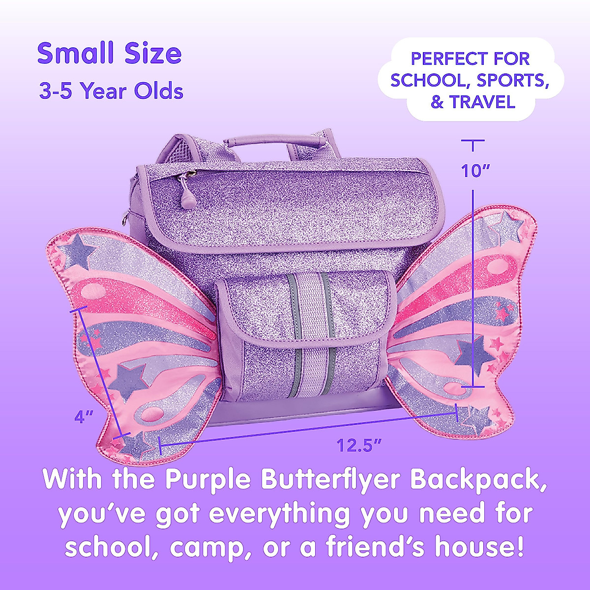 Bixbee Toddler Backpack, Purple Sparkly Butterfly Bookbag for Girls & Boys Ages 3 - 5 | Daycare, Preschool, Elementary School Bag for Kids | Easy to Carry & Water Resistant