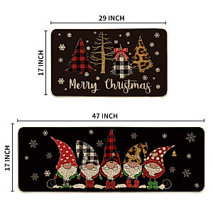 Artoid Mode Buffalo Plaid Tree Gnomes Black Christmas Kitchen Rugs Set of 2, Winter Low-Profile Floor Mat Merry Home Decora for Floor - 17x29 and 17x47 Inch