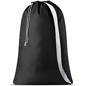 Shoulder Strap Laundry Bag - Drawstring Locking Closure, Durable Nylon Material, Large Capacity, Heavy Duty Stitching, Hands Free Carrying, Perfect for Laundromat or College Dorm. (Black | 30" x 40")