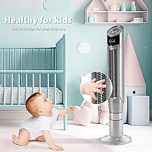 Antarctic Star Tower Fan Oscillating Fan Quiet Cooling Remote Control Powerful Standing 3 Wind Modes Bladeless Floor Fans Portable Bladeless Height Adjust, 8 Wind Speed Bedroom Office 47-Inch Silver