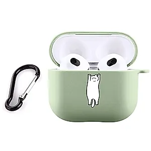 JOYLAND Funny Cat Case for AirPods 3 2021 with Keychain,Cartoon Cat Case for Women Men Girls Boys,Green Smooth TPU Silicone Protective Cover Compatible with Apple AirPod 3rd Generation 2021