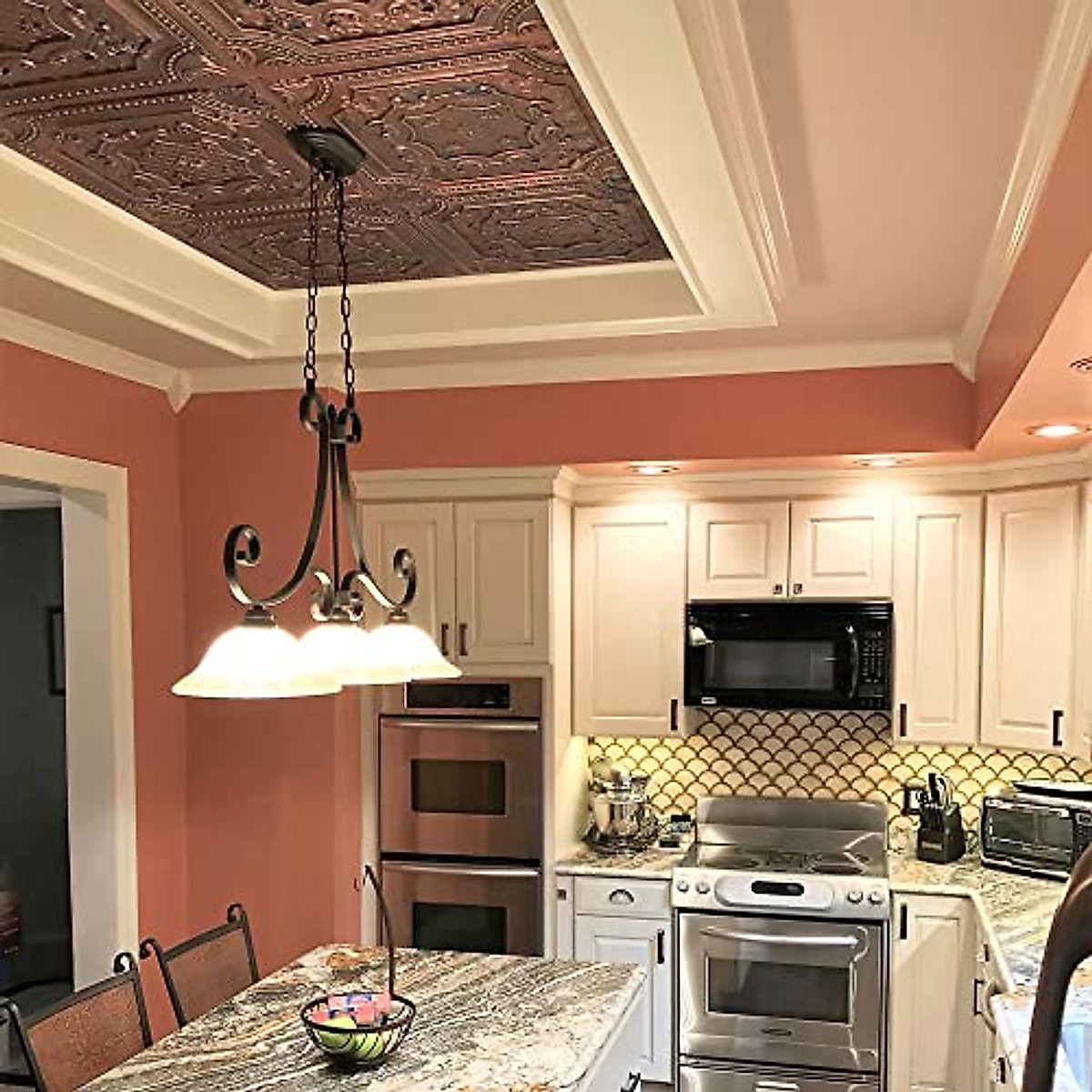 From Plain To Beautiful In Hours DCT04 Elizabethan Shield PVC 2' x 2' Lay-in or Glue-up Ceiling Tile (Covers / 40 sq.ft), Antique White, 10 Piece