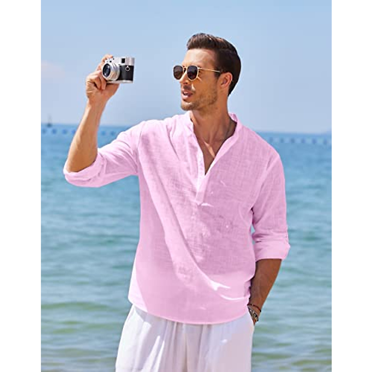 COOFANDY Men's Cotton Linen Henley Shirt Long Sleeve Hippie Casual Beach T Shirts Pink