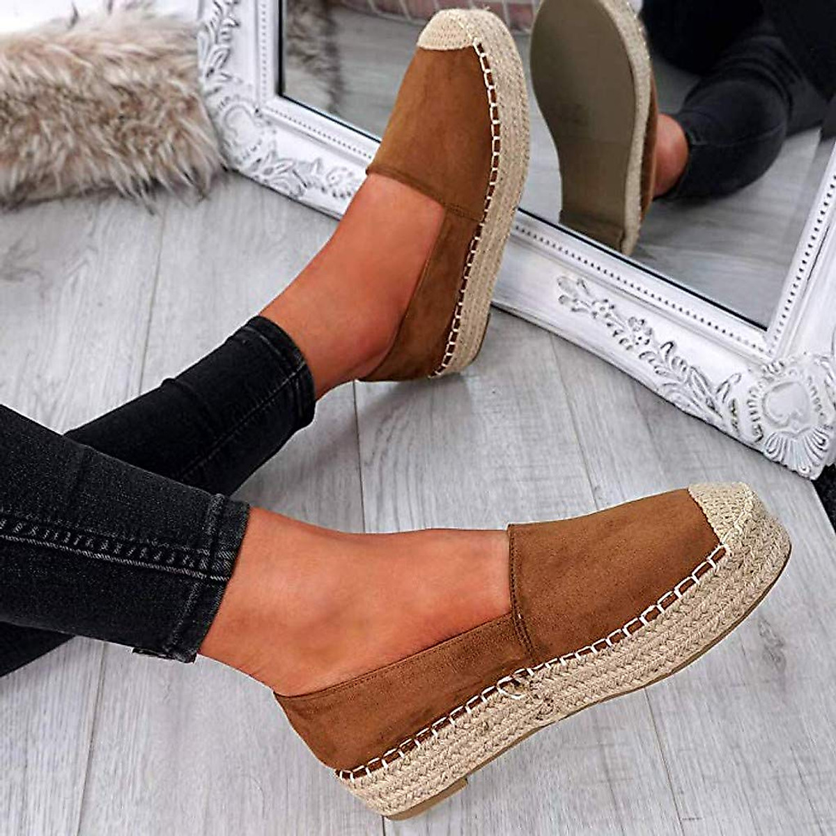 NEARTIME?Women's Platform Shoes, Fashion Grass Weaving Outdoor Slip On Round Toe Casual Flats Boat Shoes Brown