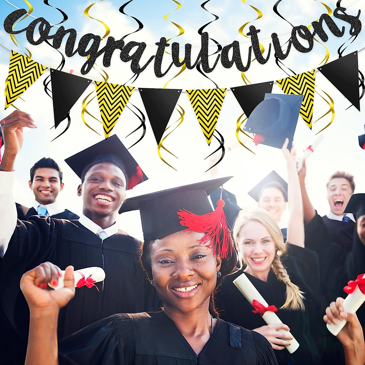 Glitter Congratulations Banner Triangle Flag Banner with 12 Pieces Hanging Swirls for Wedding Retirement Graduation Anniversary Party Decorations (Black, Gold)