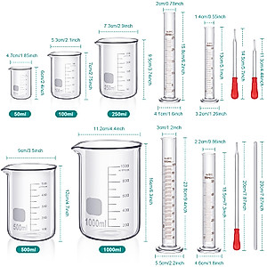 Glass or Plastic Graduated Cylinder Beaker Set, Thick Lab Cylinders (10 ml, 25 ml, 50 ml, 100 ml), Beaker (50 ml, 100 ml, 250 ml, 500 ml, 1000 ml) with 3 Dropper 4 Stirring Rod 7.9 Inch(Glass)