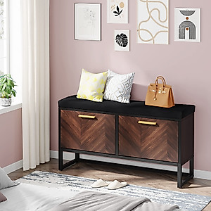 Tribesigns Storage Bench With Seat Cushion, Entryway Shoe Bench With 2 Flip Drawers, Hallway Cabinet, Hidden Organizer for Living Room, Bedroom, Mudroom, Black