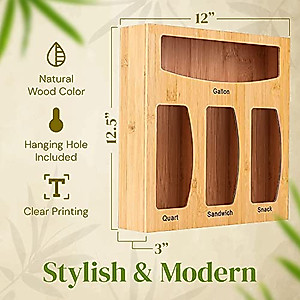 ML Products Resealable Bag Storage Organizer, 4-in-1 Baggie Organizer with Engraved Labels, Bamboo-Made, Waterproof Baggie Organizer for Drawer and Wall, Easy Clean, No Assembly Storage, 12.4” x 13.5”