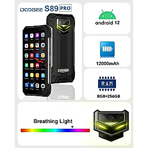 DOOGEE S89 PRO Rugged Smartphone(2022), 12000mAh Massive Battery Android 12 Rugged Phone Unlocked, 65W Fast Charging, 8GB+256GB IP68 Waterproof Cellphone, Night Vision, Breathing Light, NFC, Dual 4G