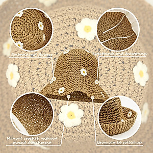 Women Straw Sun Hat Foldable Beach Hat Wide Brim Floppy Bucket Hat with Small Flower (Khaki-White Flower)