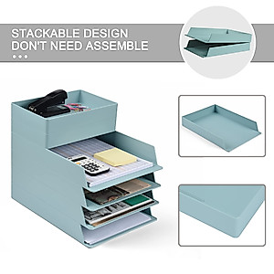 4 Tier Stackable Letter Tray File Organizer, Desktop Document File Tray Paper Sorter Organizer, Blue A4 Paper Organizer Tray for Home, Office, School