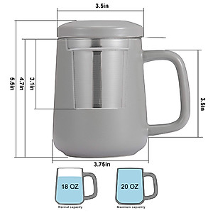 DHPO Artisan Series Ceramic Tea Mug with Infuser and Lid, 18oz Loose Leaf Tea Cup Large Handle Teaware Mug Gifts for Women and Men, Grey