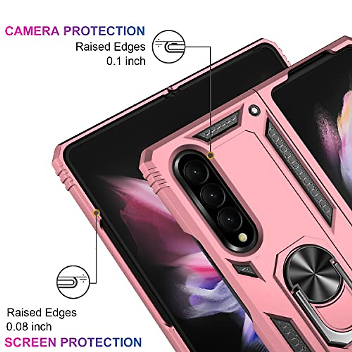 IKAZZ Galaxy Z Fold 3 Case,Samsung Z Fold 3 Cover Military Grade Shockproof Heavy Duty Protective Phone Case Pass 16ft Drop Test with Magnetic Kickstand for Samsung Galaxy Z Fold 3 Rose Gold