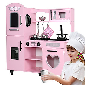 TaoHFE Wooden Play Kitchen Kids Kitchen Playset Toy Kitchen Sets for Girls Gift Kids Kitchen Playset Pink Toddler Kitchen for Kids Age 3+ Pretend Play with Lights & Sounds (Pink)