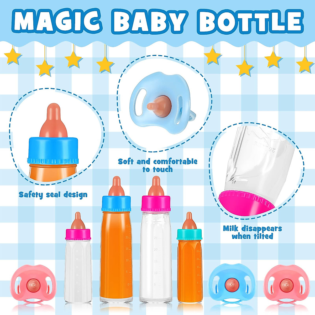 7 Pcs Disappearing Doll Feeding Set Baby Doll Bottles Milk and Juice Bottles with Toy Pacifier Baby Doll Accessories Doll Bottle Toy for Doll Accessories