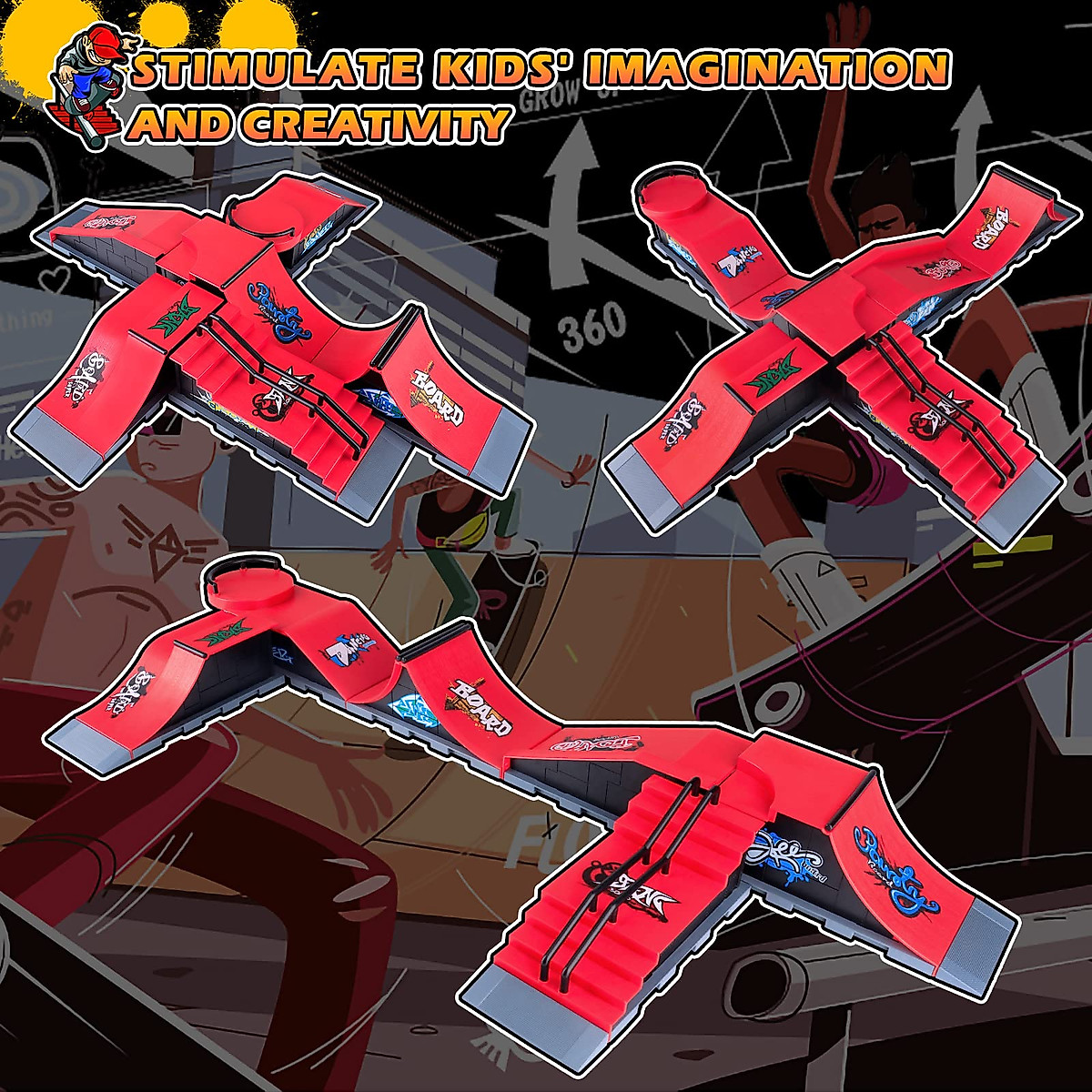 EPOGG Mini Finger Skateboard Ramp Set, Skate Park Kit Ramp with Tools for Fingerboards Training Props Interactive Freestyle Skate Game, Finger Skateboards for Adults & Kids