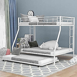 Tulib Twin Over Full Metal Bunk Bed with Sturdy Steel Frame, Bunkbed with Twin Size Trundle, Two-Side Ladders, No Spring Box Required, White