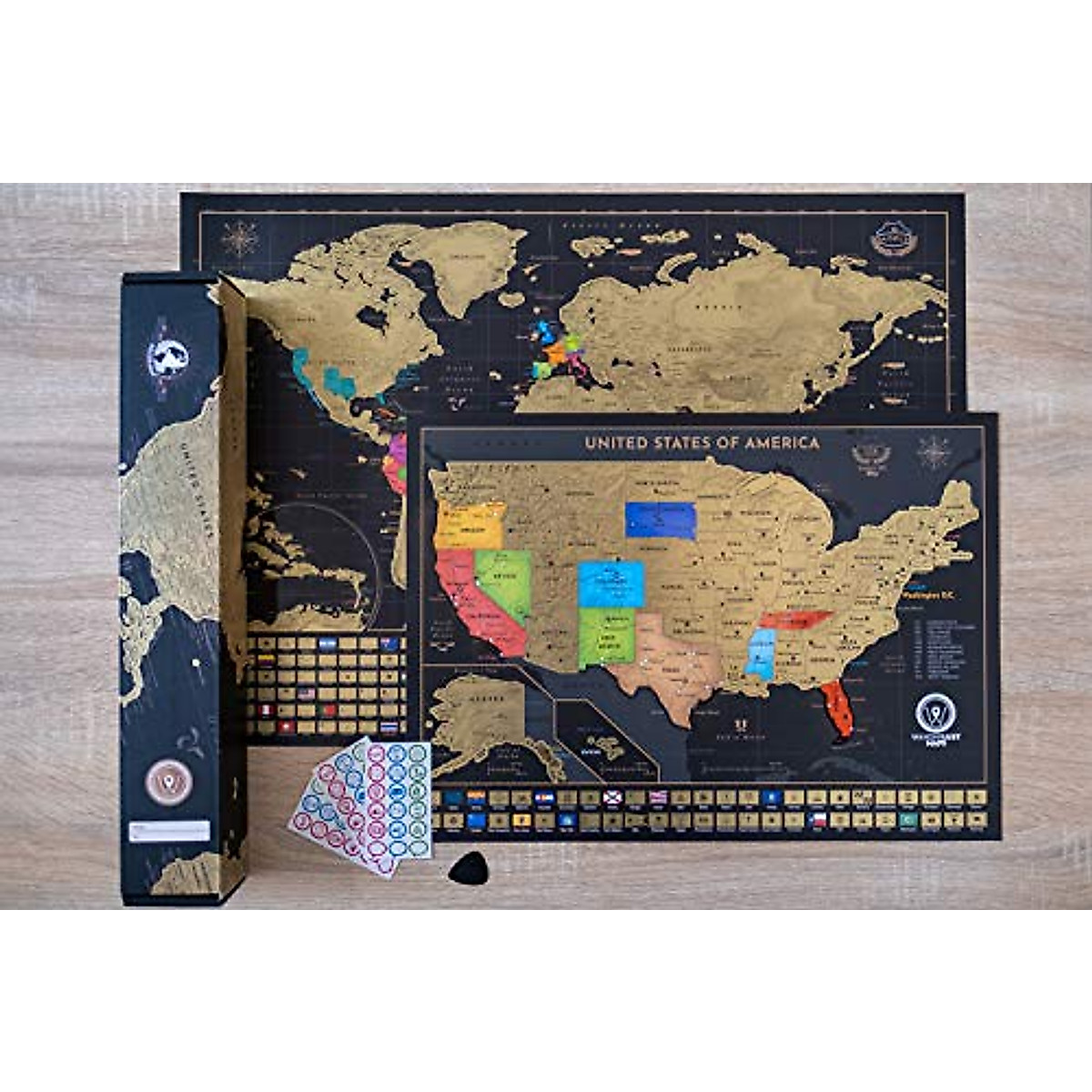Two Scratch Off Maps - Map of the World (Large) + US States Map (Small) - Deluxe Scratch-Off Travel Posters for Adults, Kids - Made in Europe